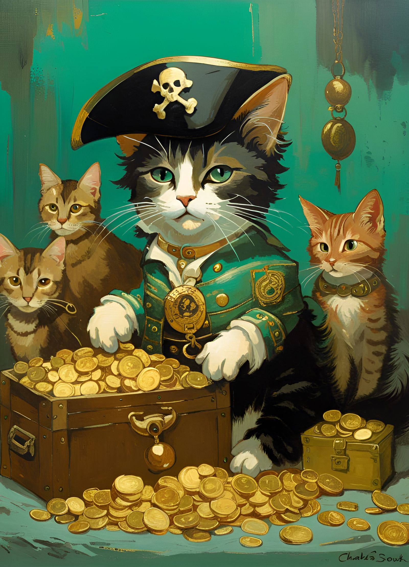 Pirate Cat with treasure chest and piles of gold - AI Generated Artwork ...