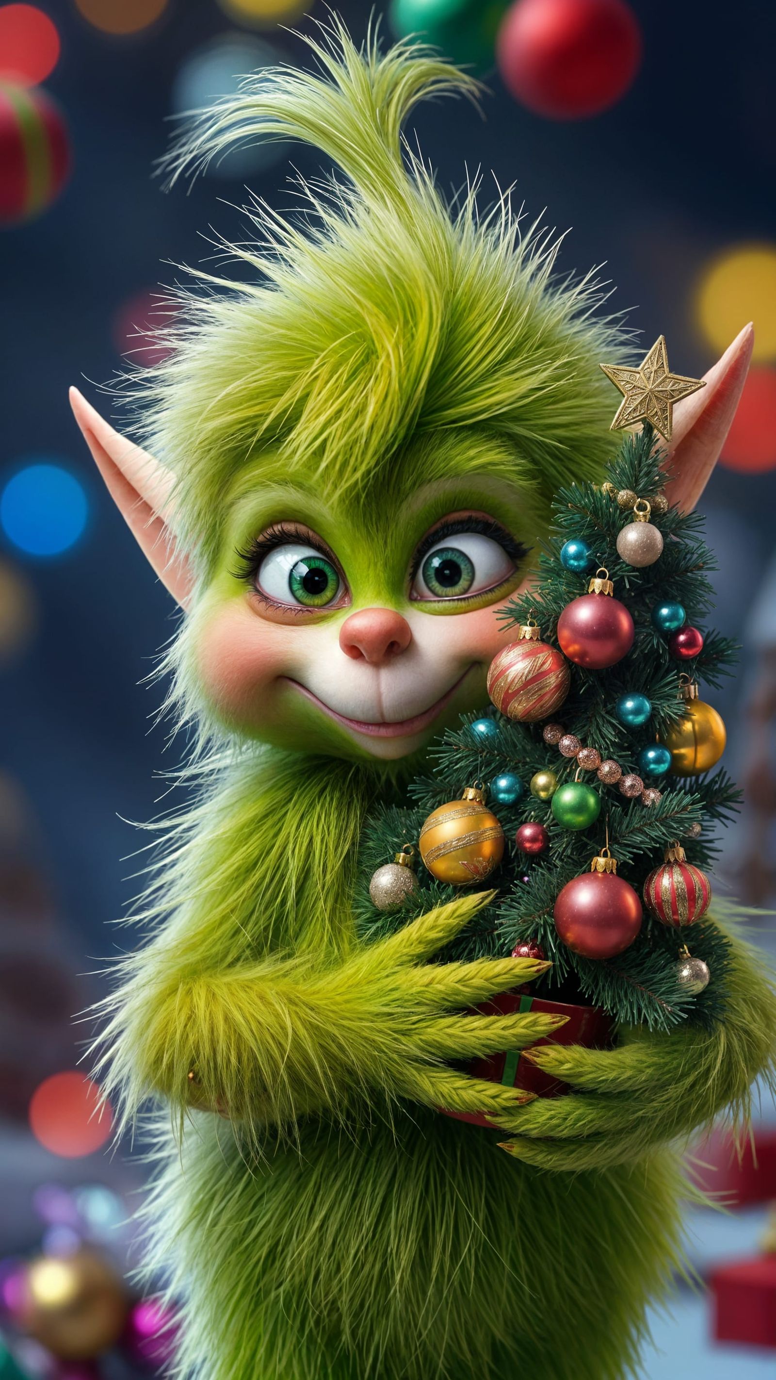 Cheerful Baby Elf in Grinch-Inspired Pixar Style - AI Art
