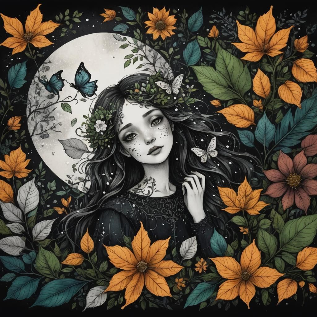 An enchanting illustration of a fae beauty surrounded by leaves and ...