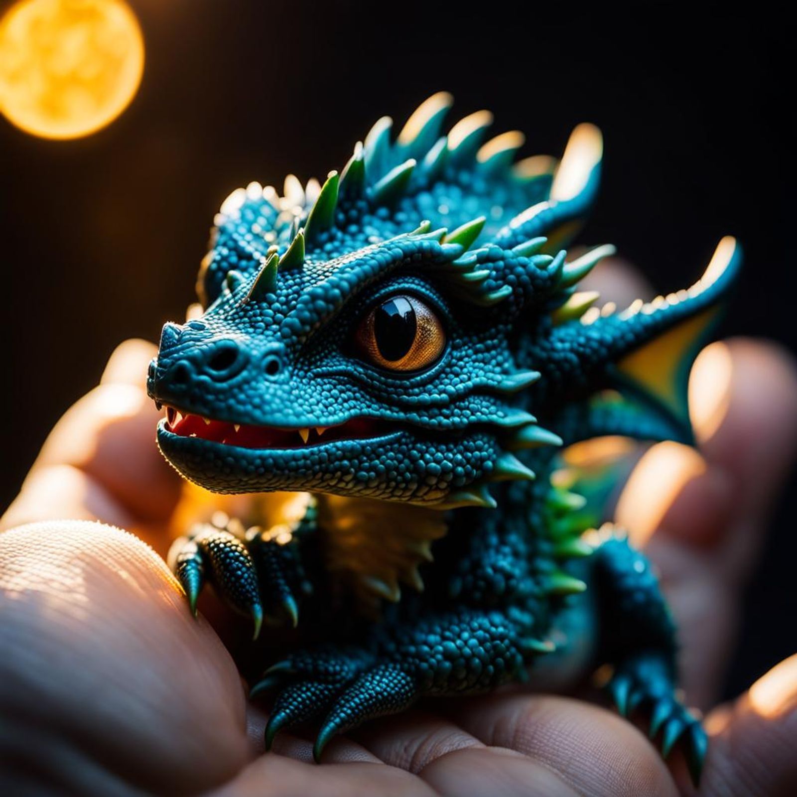 Macro closeup shot of a realistic cute baby dragon in the palm of a ...