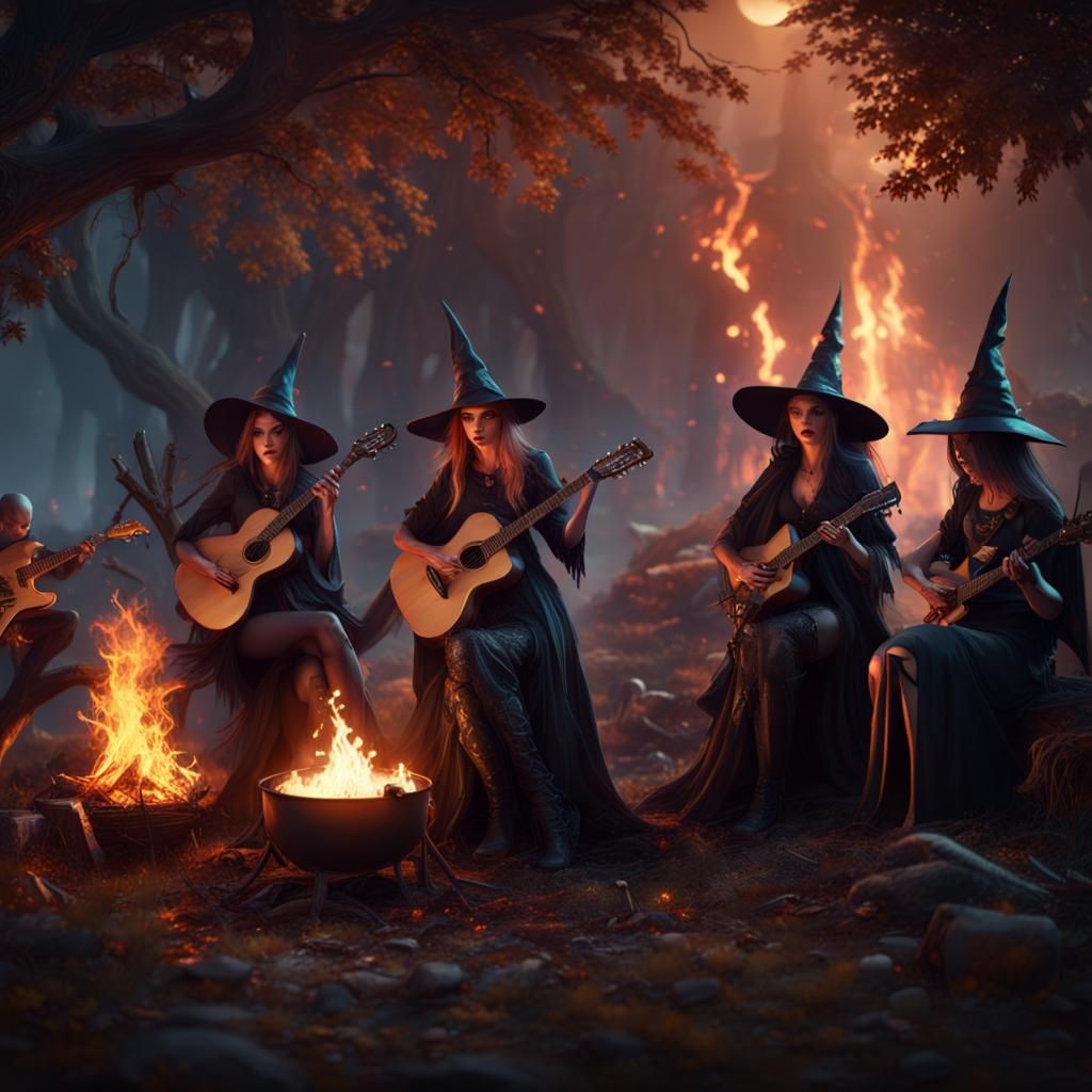 A coven of witch’s and fairies gathered round a bonfire dressed goth ...