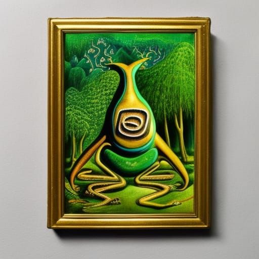 Emerald and gold frog statue with intricate rune carvings in a forest ...