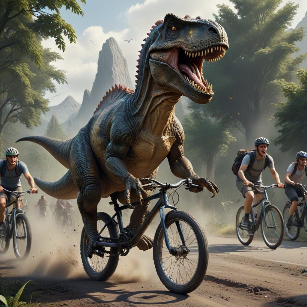 Highly realistic Tyrannosaurus rex riding a bike, detailed people running away screaming