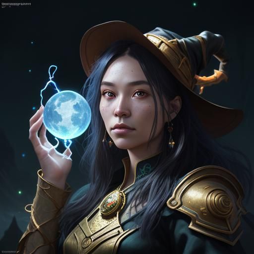 image of a beautiful witch mysteriously carrying a glowing vine scepter ...