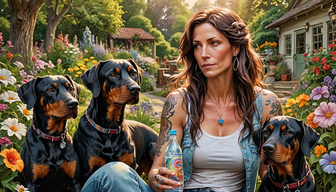Woman with long beautiful Brunette hair in a Garden with her pups - AI ...