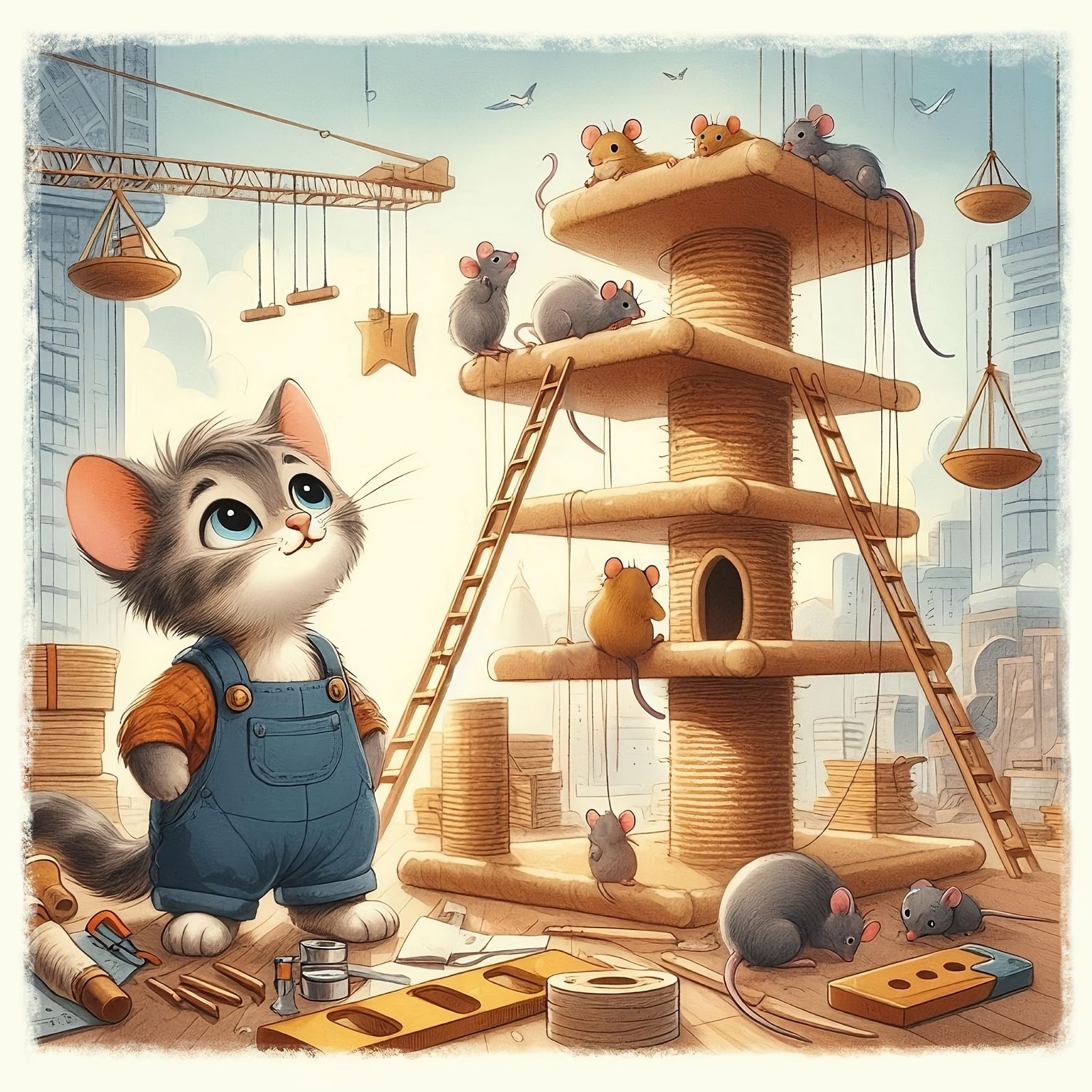 Cat architect overseeing the building site of a cat tree with mice as ...