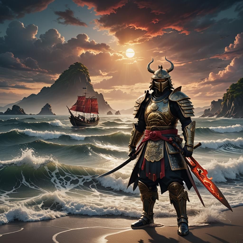 surreal, Japanese, warrior, standing, beach, waves, boat, mooring, bay ...