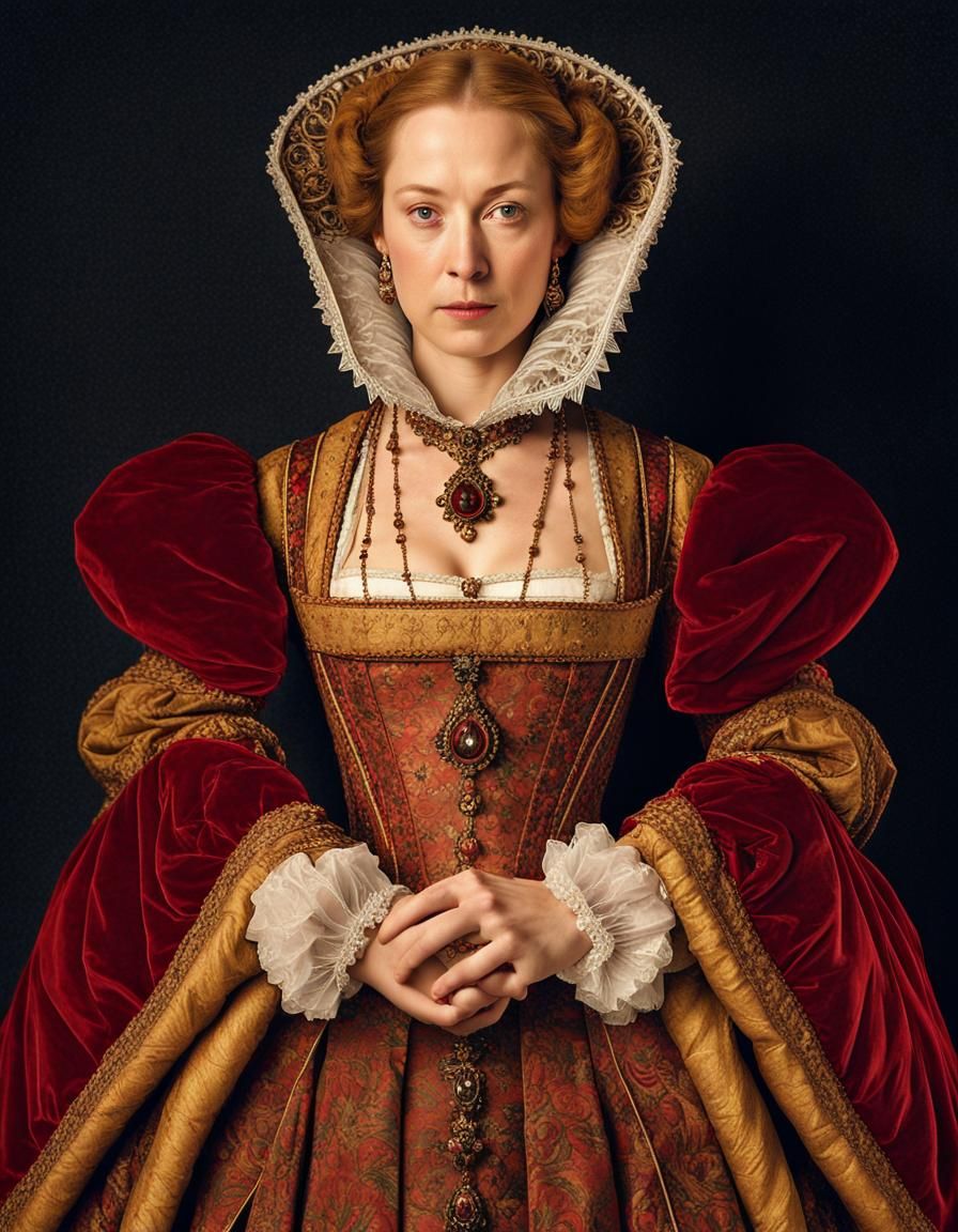 A cinematic scene of Anne of Cleves, one of Henry VIII wives, standing ...