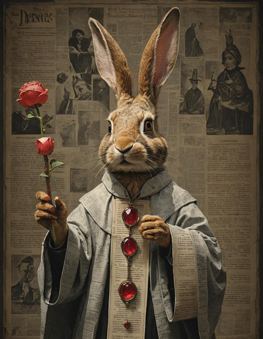 Anthropomorphic rabbit digital priest, ruby wand, AI newspaper collage ...