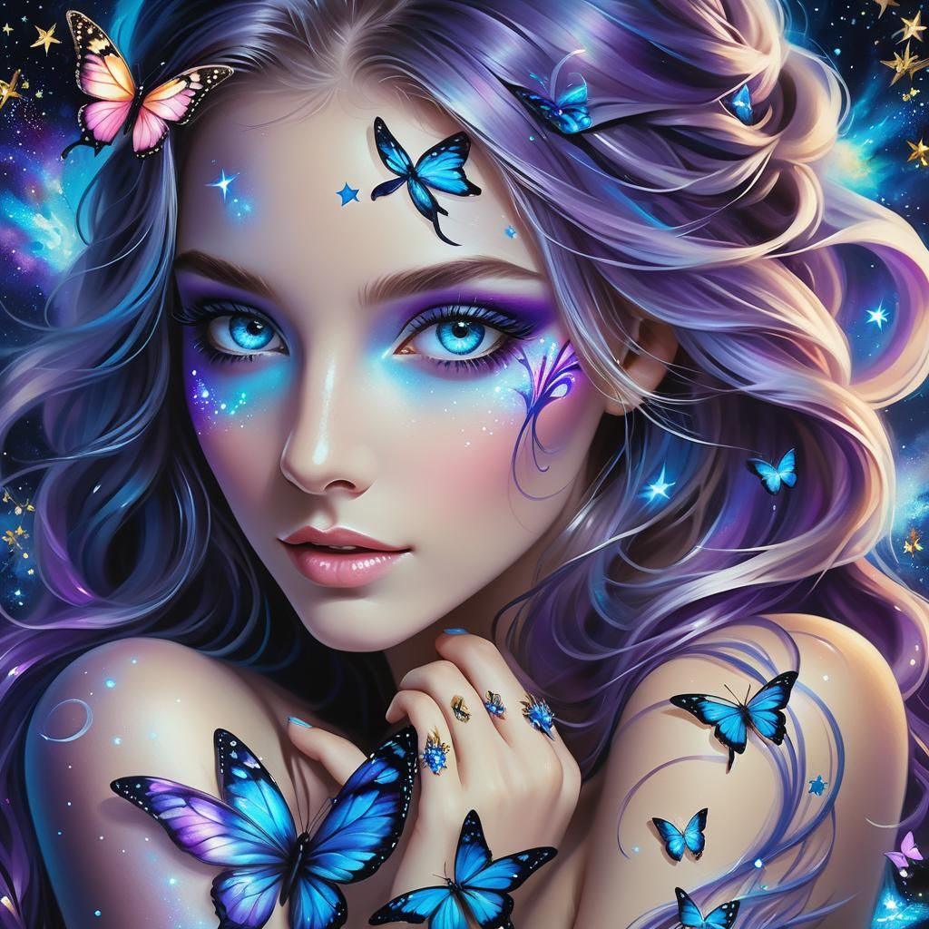 mysterious woman crystal blue eyes, shimmering flowing hair in vibrant ...