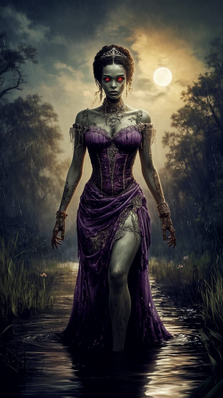 zombie woman with decaying features, standing in ankle-deep dark swamp ...
