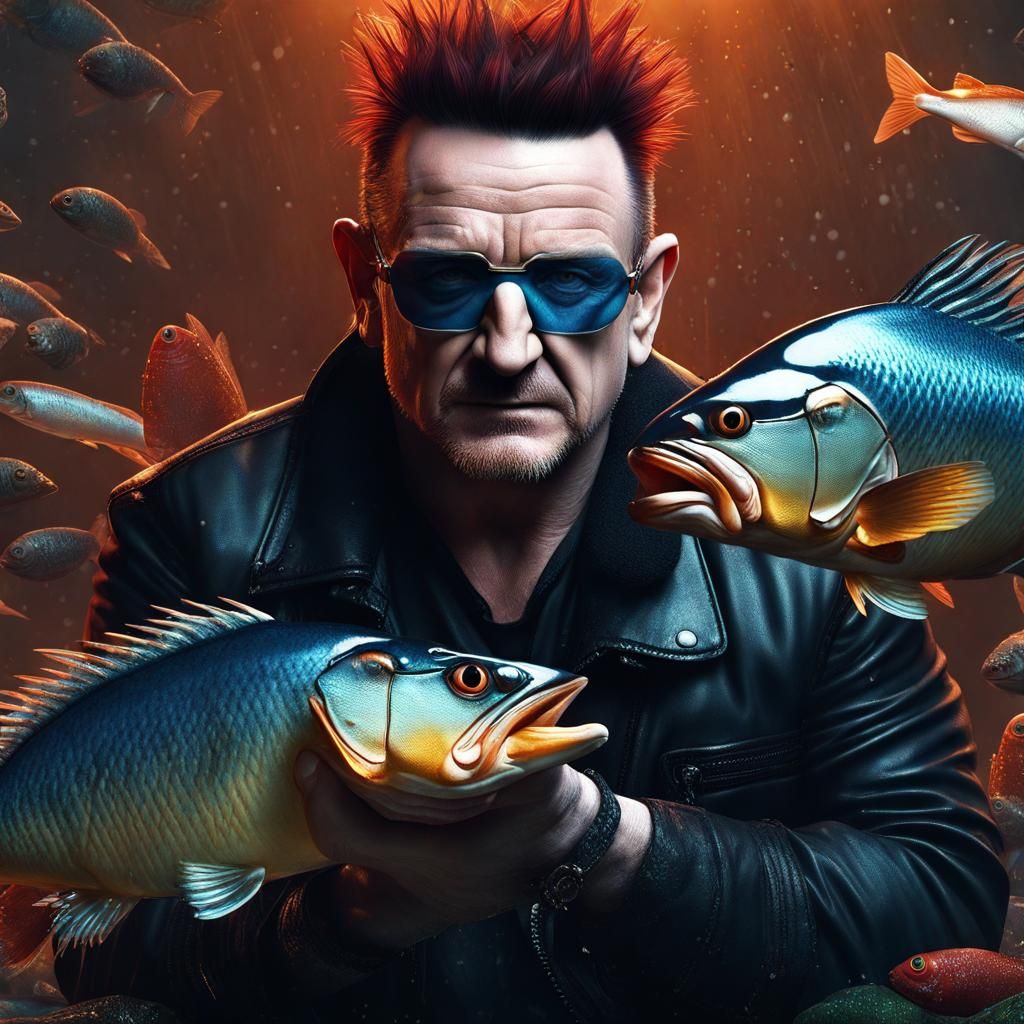 Bono from U2 with wet fish - AI Generated Artwork - NightCafe Creator