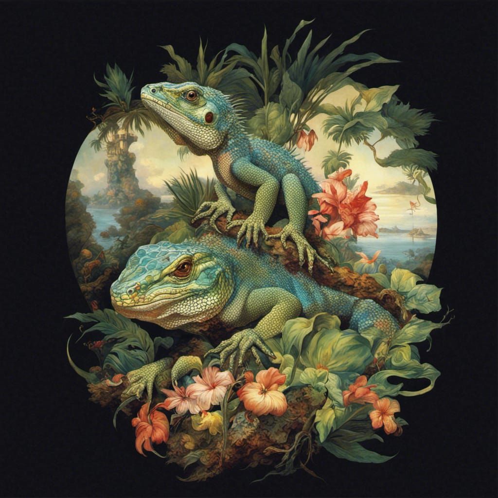 Lizards & tropical island scene Canaletto Amanda Sage Pino Daeni deep ...