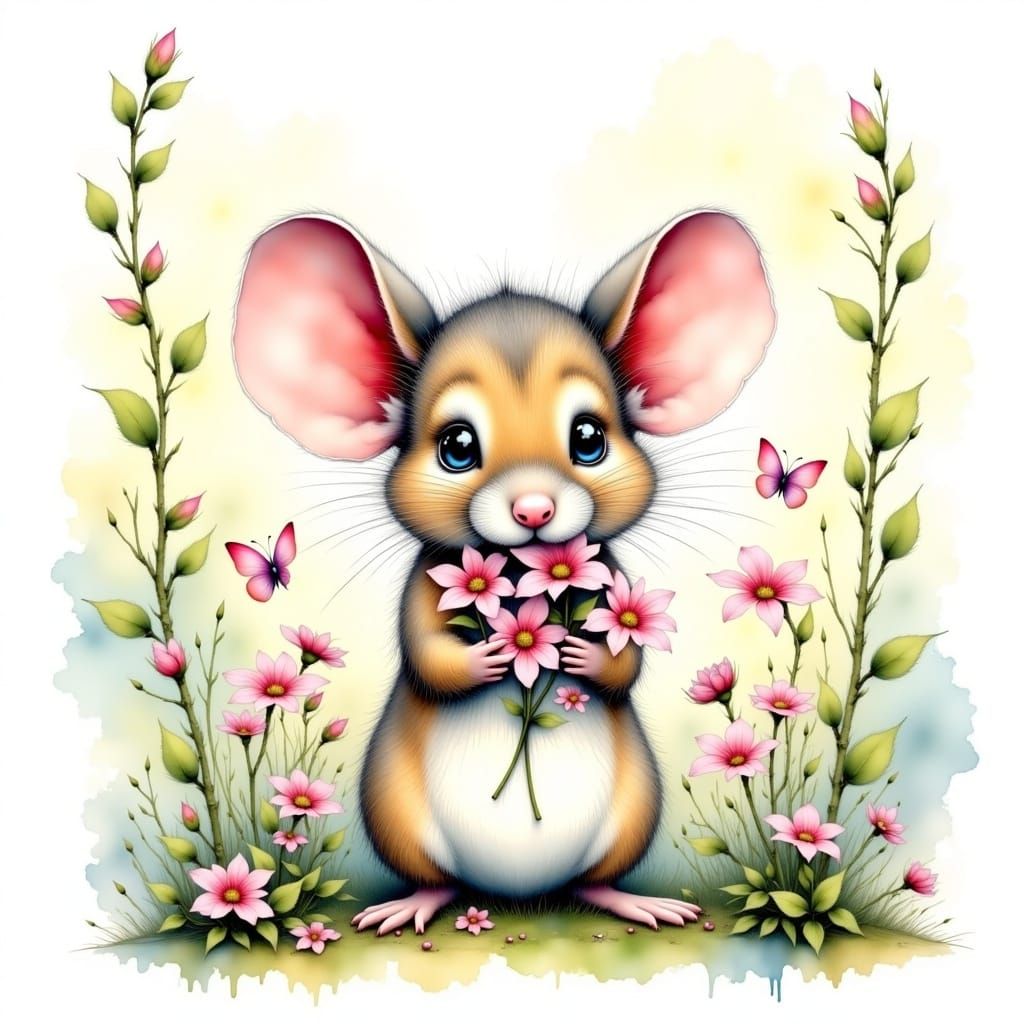 Cute Mouse in Whimsical Ink Painting with Pink Flo... - AI Art