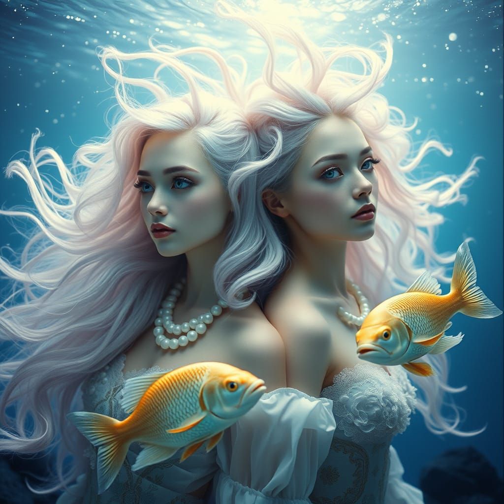 A mystical human representation of the Pisces zodiac sign.