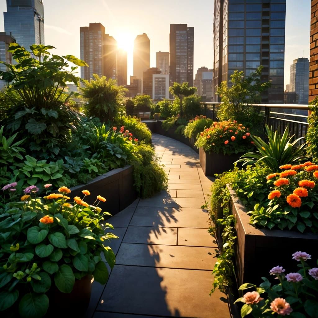 City Rooftop Garden Path - Urban Oasis: Rooftop Garden Amids...