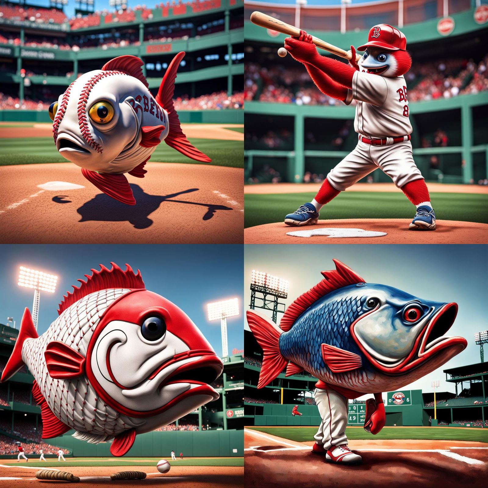 a fish playing baseball for the boston redsox. Picture is at fenway ...