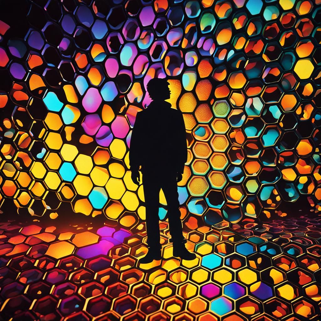 Psychedelic colorful silhouette caught in embossed backlit honeycomb ...