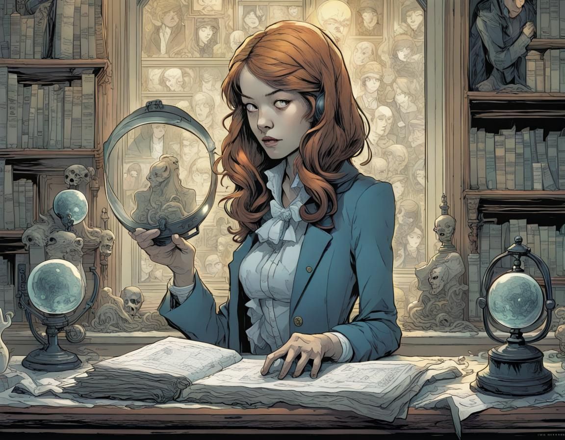 Detective Nancy Drew examining clues at a haunted mansion 3 - AI ...
