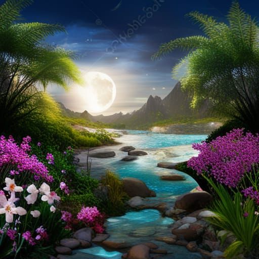 An ethereal, exquisitely beautiful fairyland forest with mountains ...