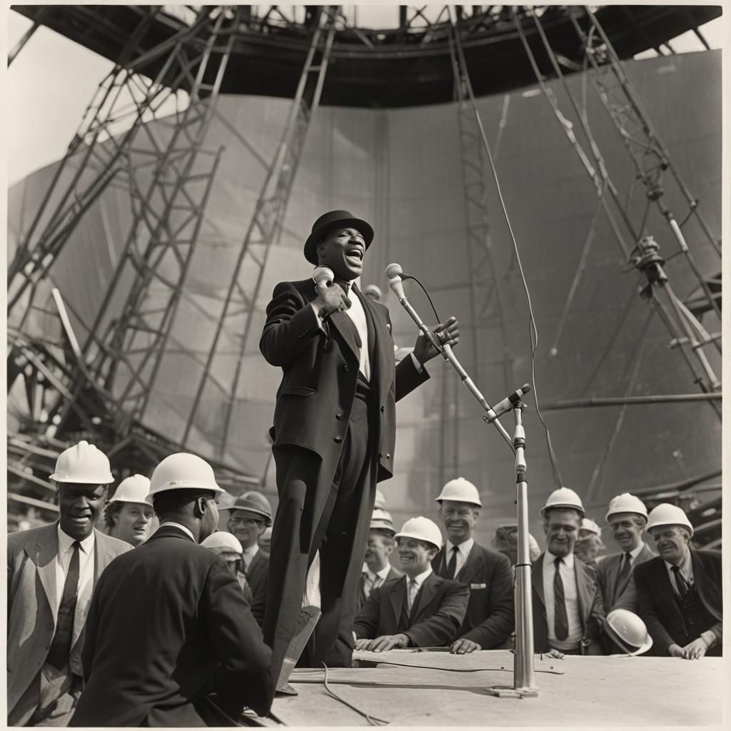 Paul Robeson wears a suit and overcoat and hat as he sings into a ...