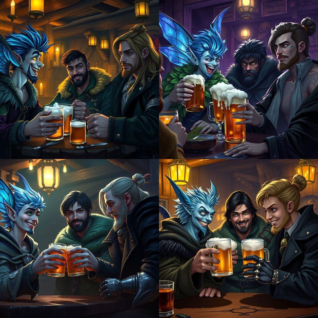 Fantasy Tavern Scene with Pixie, Bard, and Alchemi... - AI Art