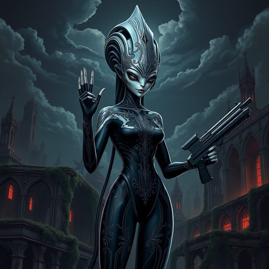 Regal Alien in Cyberpunk Armor Stands Guard - AI Art