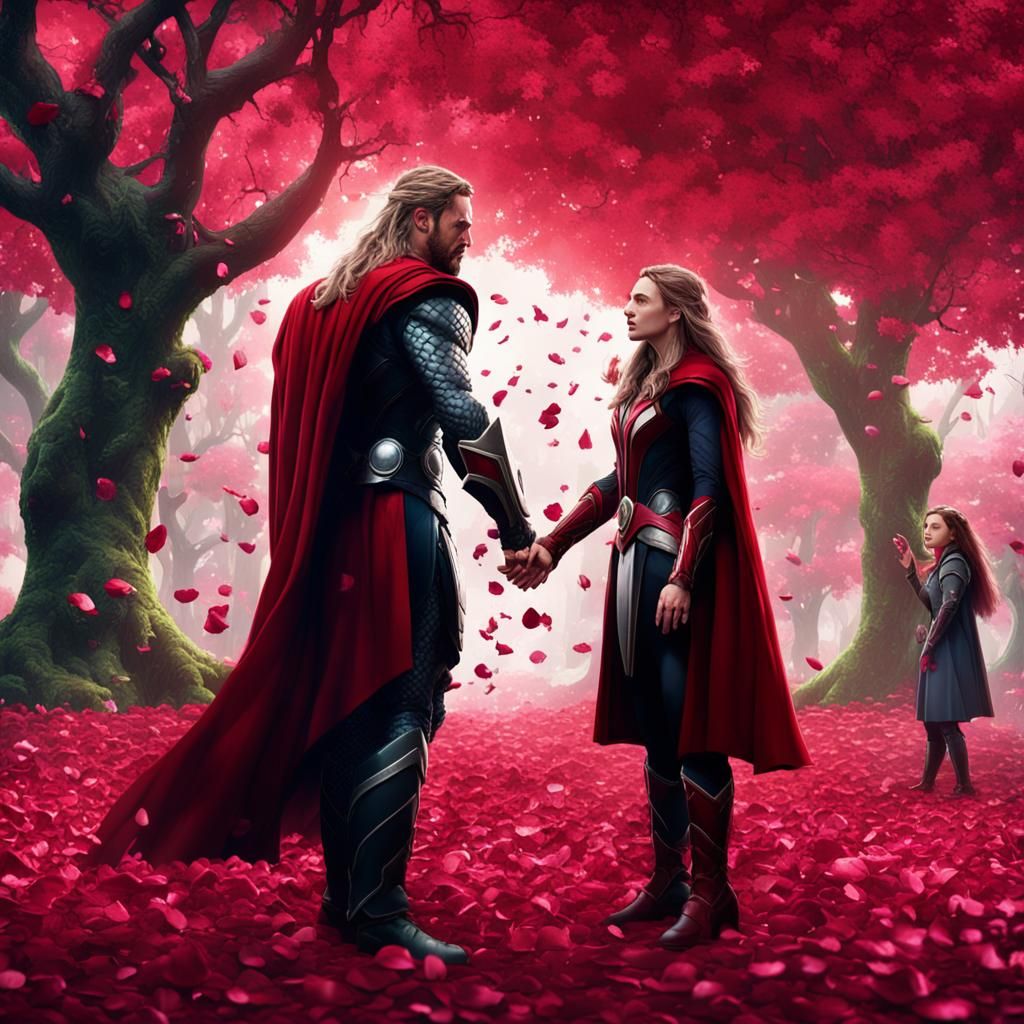 Thor and the Scarlet Witch standing in park with rose petals falling ...