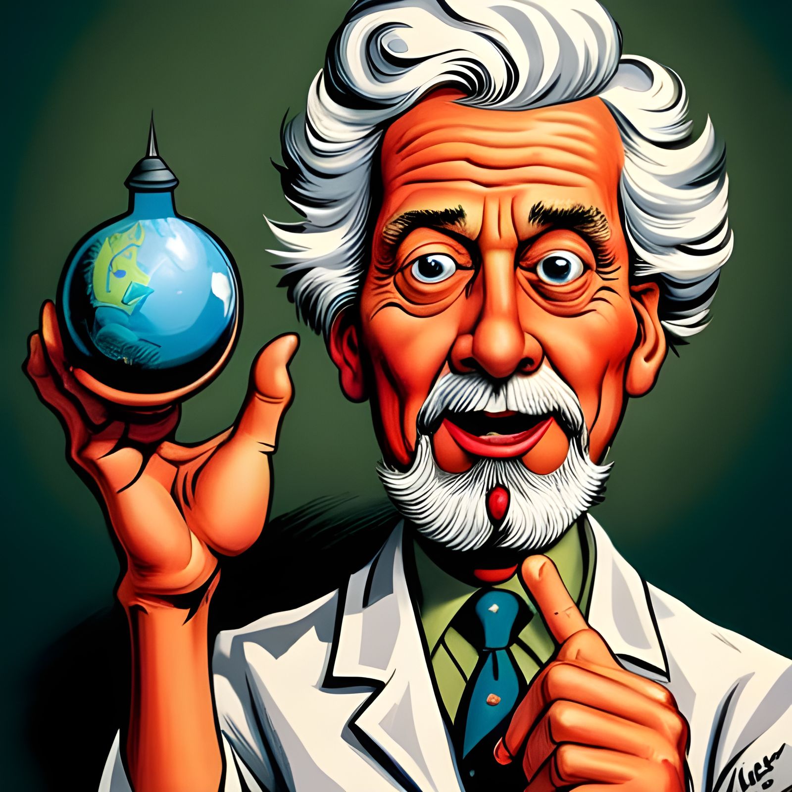 Mad Magazine mad, wide-eyed, leering, scientist “Who me?” With foaming ...