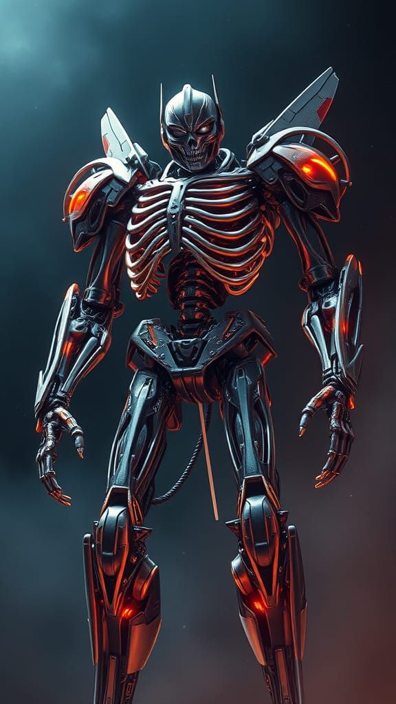 Cyberpunk Skeleton Robot in Dark Space - AI Art