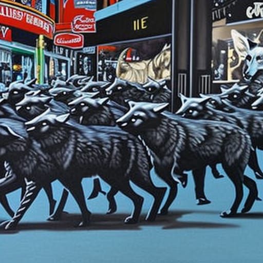 wolf pack, wolf, wolves running through a vibrant shopping mall ...