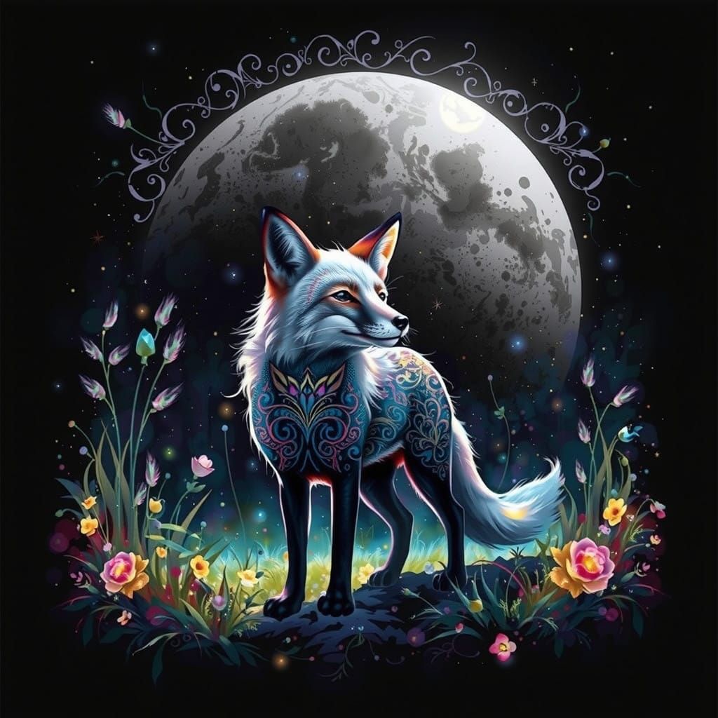 black and white arabesque fox in field with black night sky stars, long ...