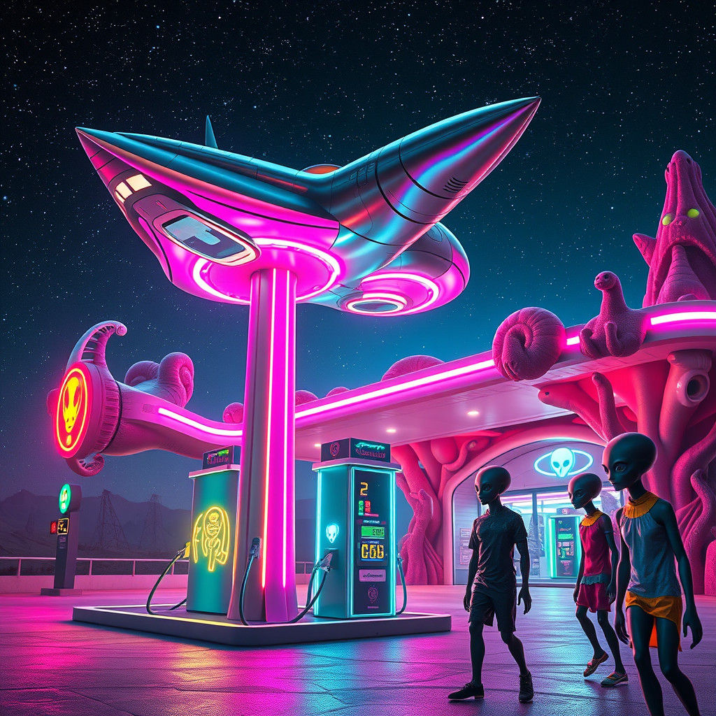 Glowing Gas Station in a Starry Night Sky with Ali... - AI Art