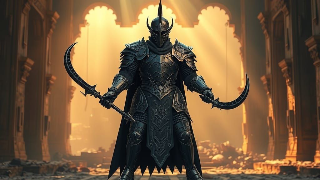 Heroic Knight in Scorpio Armor Wields Twin Scorpio... - AI Art