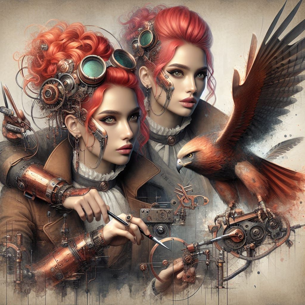 Victorian steampunk engineers study a hawk’s wings - AI Generated ...