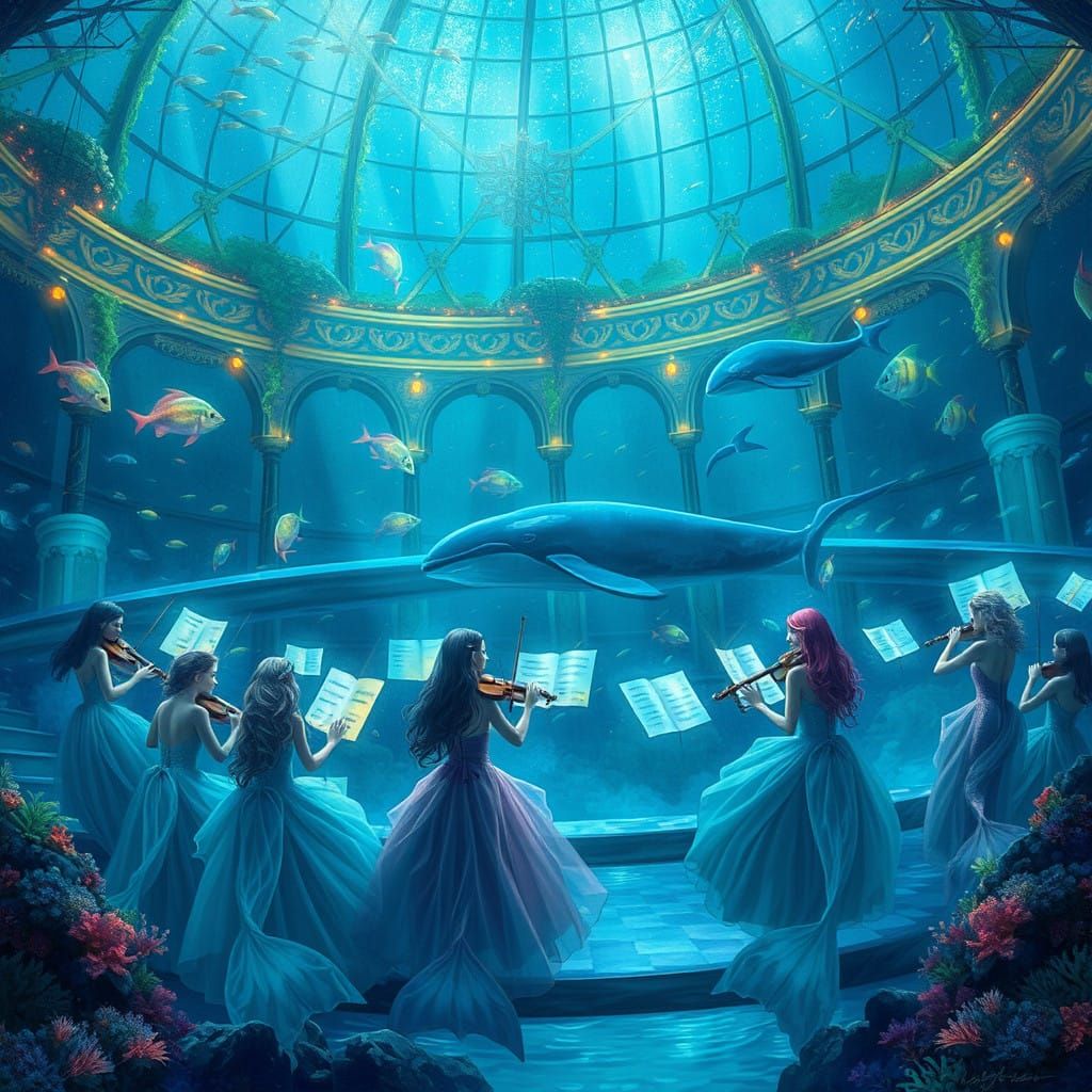 An underwater symphony orchestra of mermaids and whales