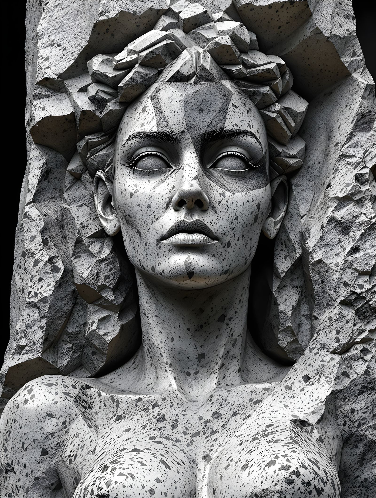 Full-body picture if a rock statue full of various metal veins. The ...