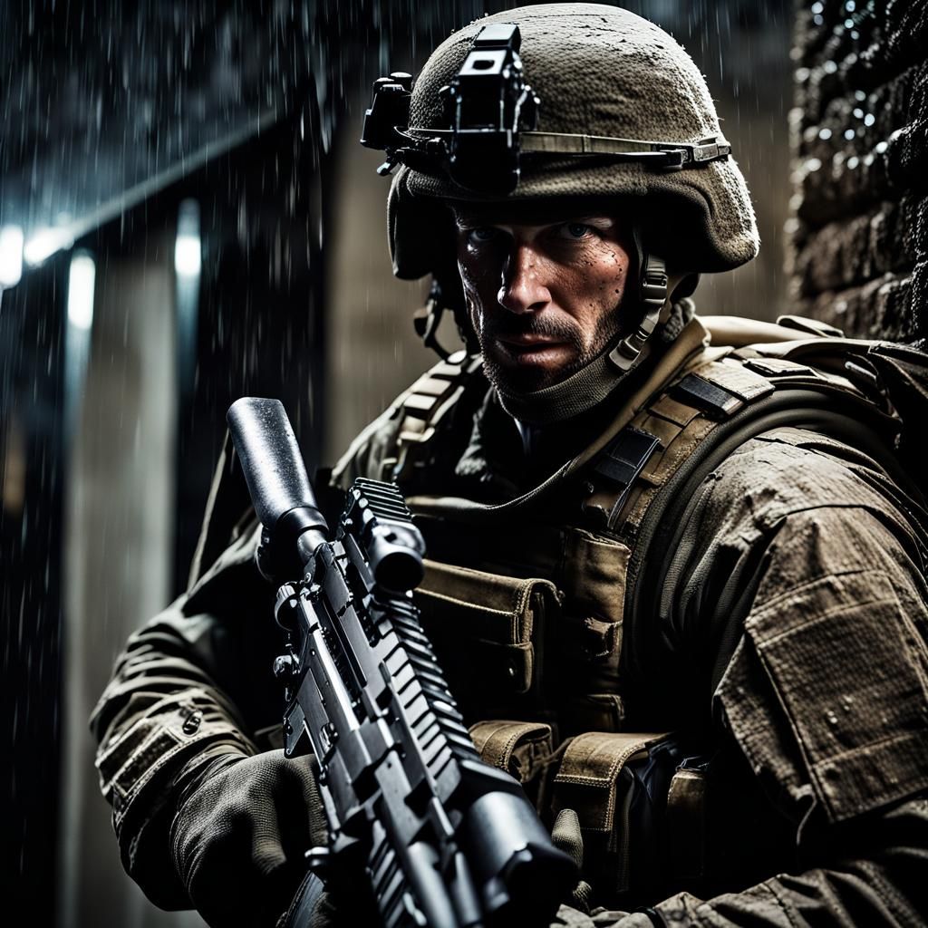 A close up portrait of an Australian SAS soldier peeking around the ...