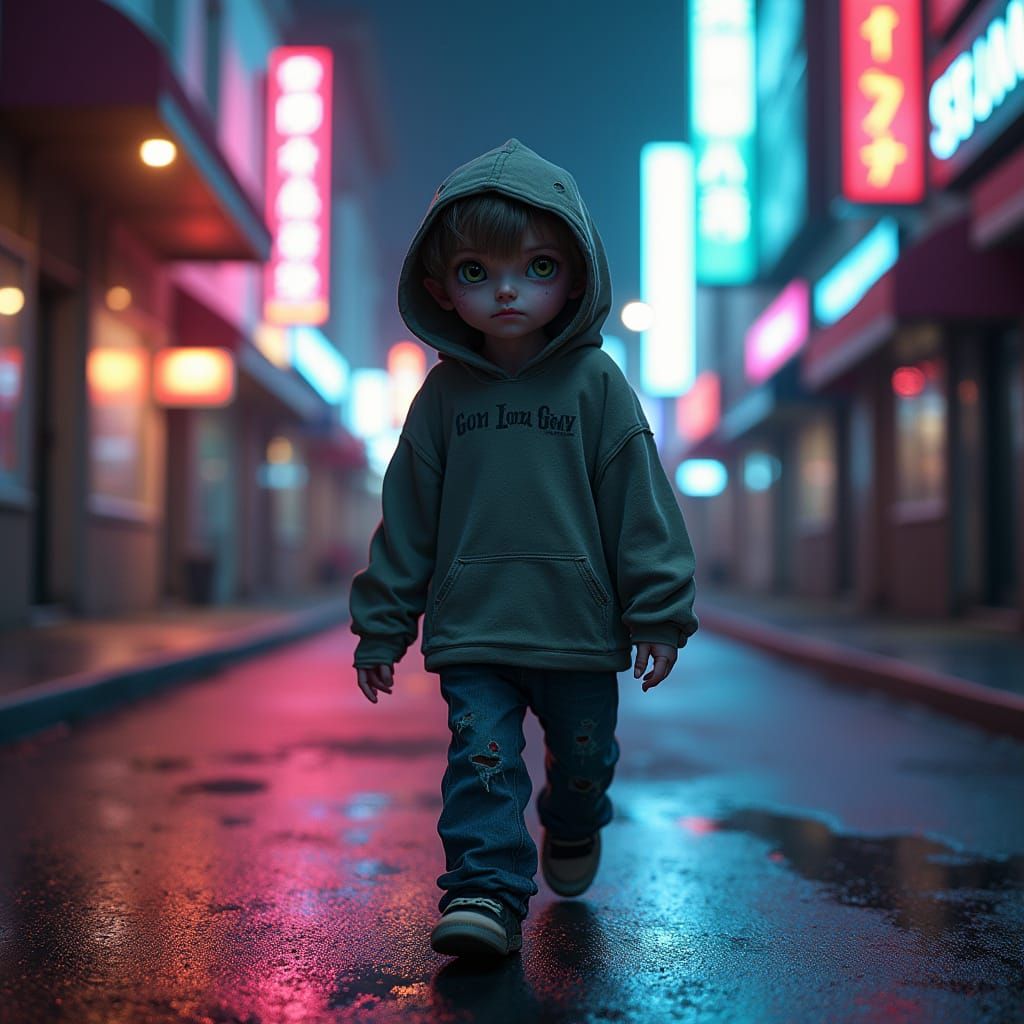 Young Mutant Boy Walks City Streets at Night in Ne... - AI Art