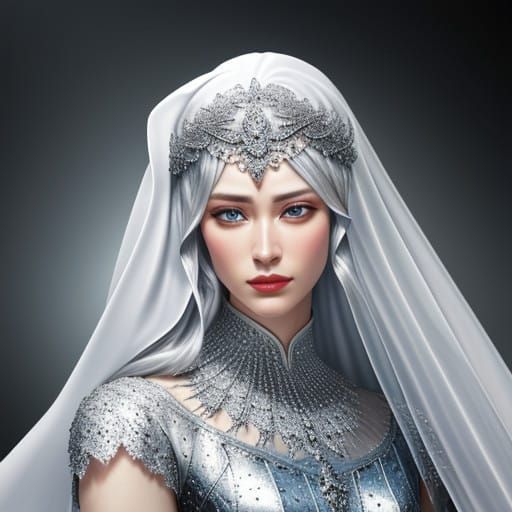 Ethereal Woman in Silvery Veil, Hyper Realistic Po... - AI Art