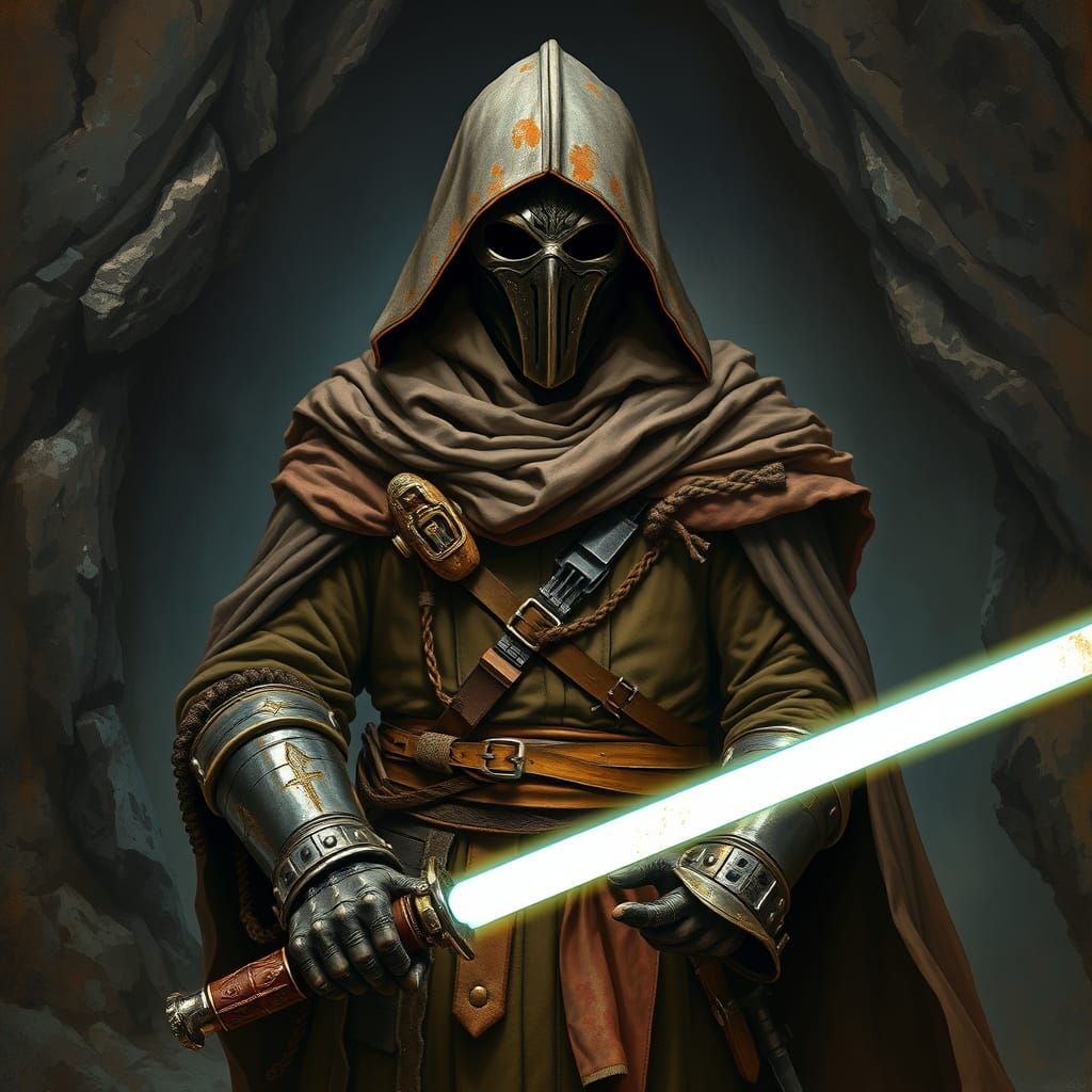 Medieval Jedi Knight in Dark Fantasy Cave - AI Art