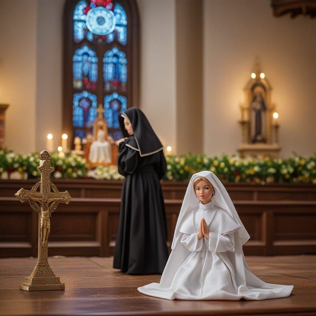 A Barbie doll, dressed as a nun, is kneeling in front of an altar of ...