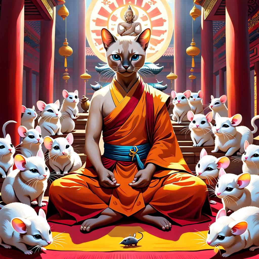 A Sleek and Stoic Siamese Cat reimagined dressed up as a Tibetan ...