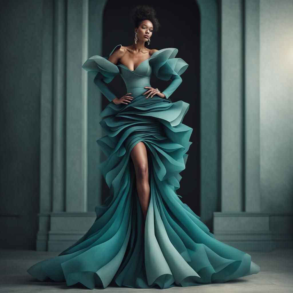 stunning curvy Irish woman, avant garde designed Dirty smoky aqua ombre ...