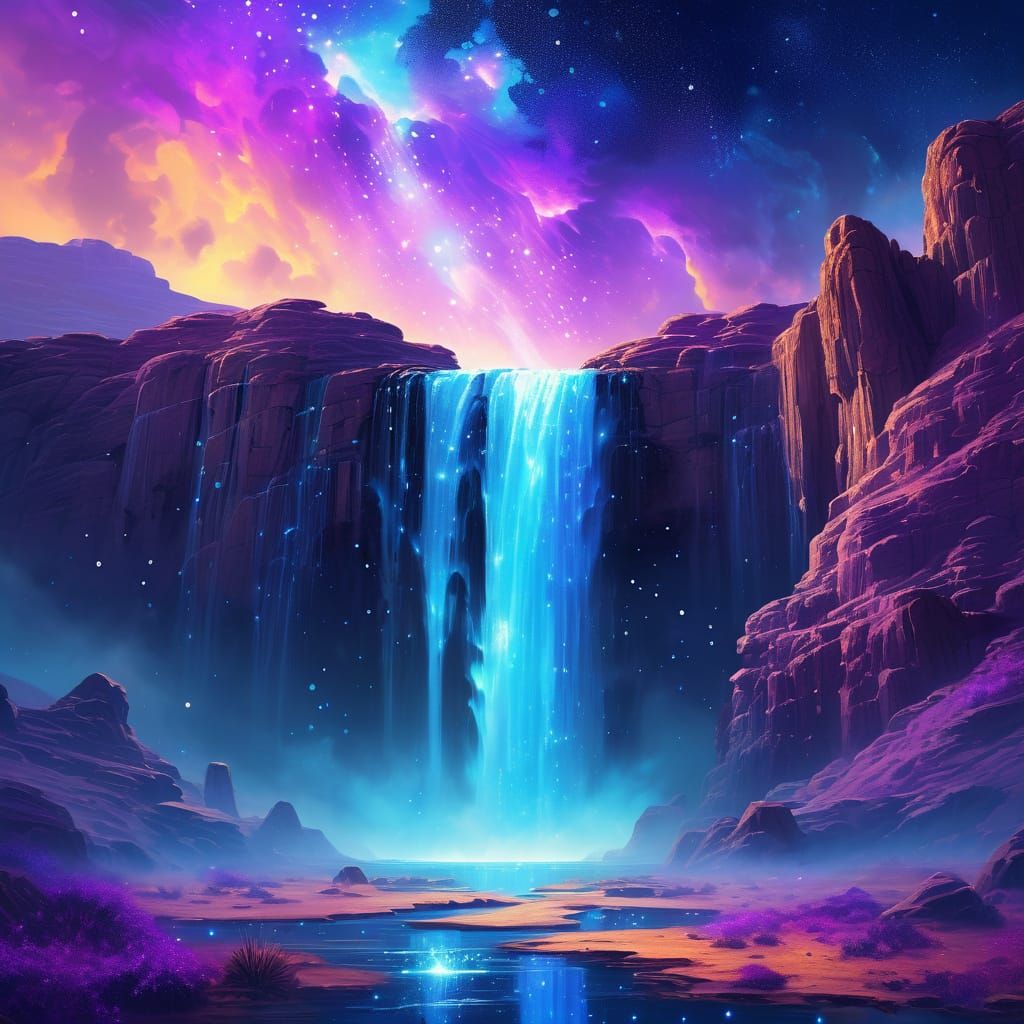 Nebula Torrent Falls - Surreal Cosmic Waterfall in Digital P...