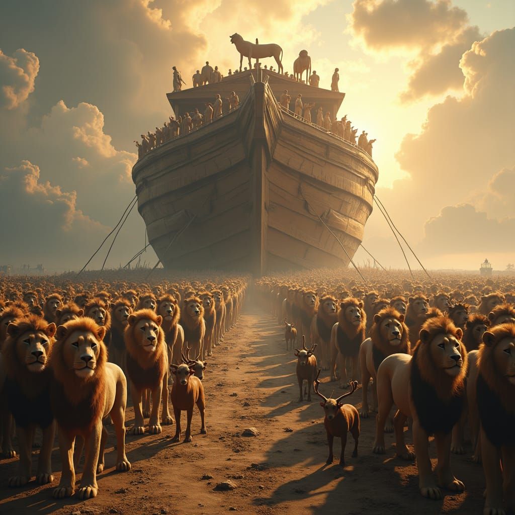 Noah's Ark Scene with Animals in Detailed Matte Pa... - AI Art