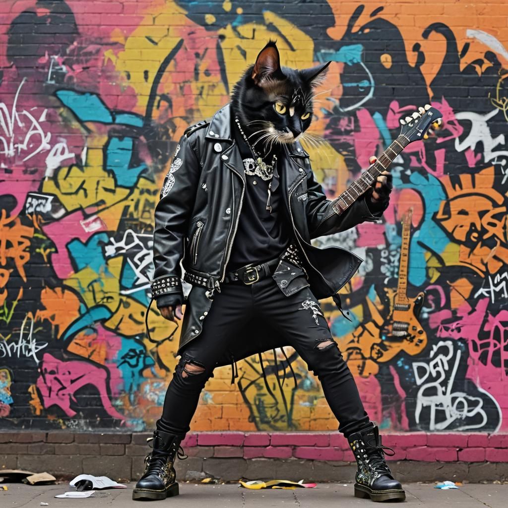Punk Rock Cat, mohawk, leather jacket, studded collar, neon graffiti ...