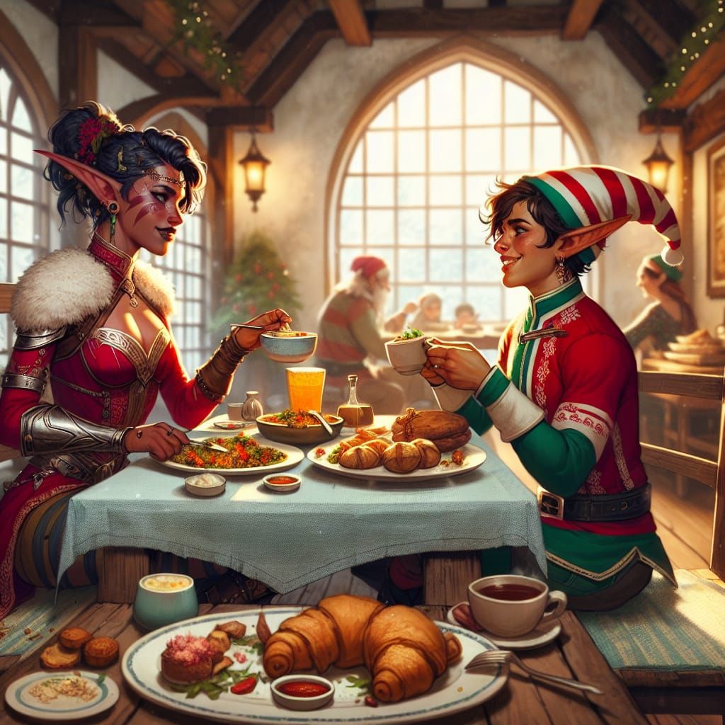 High fantasy elf and Santa's workshop elf having brunch - AI Generated ...