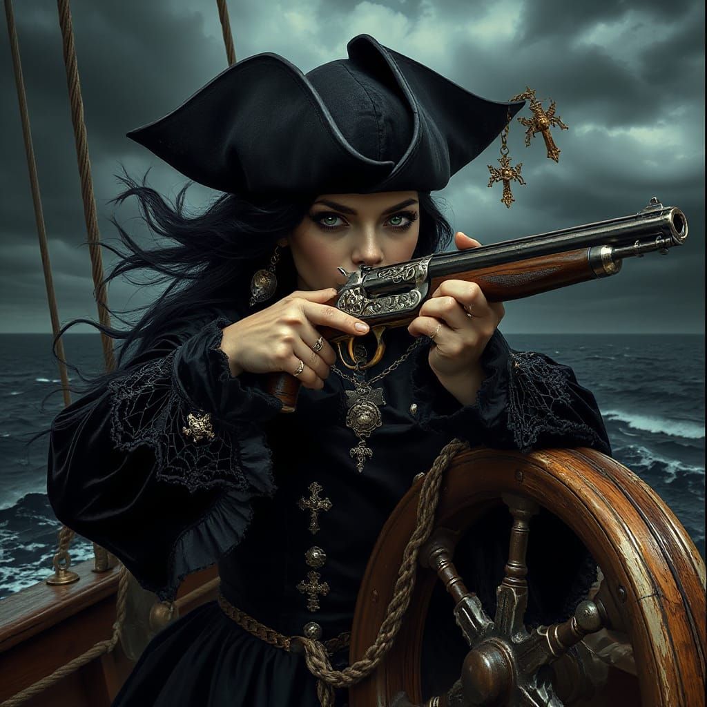 Goth woman pirate captain shooting flintlock