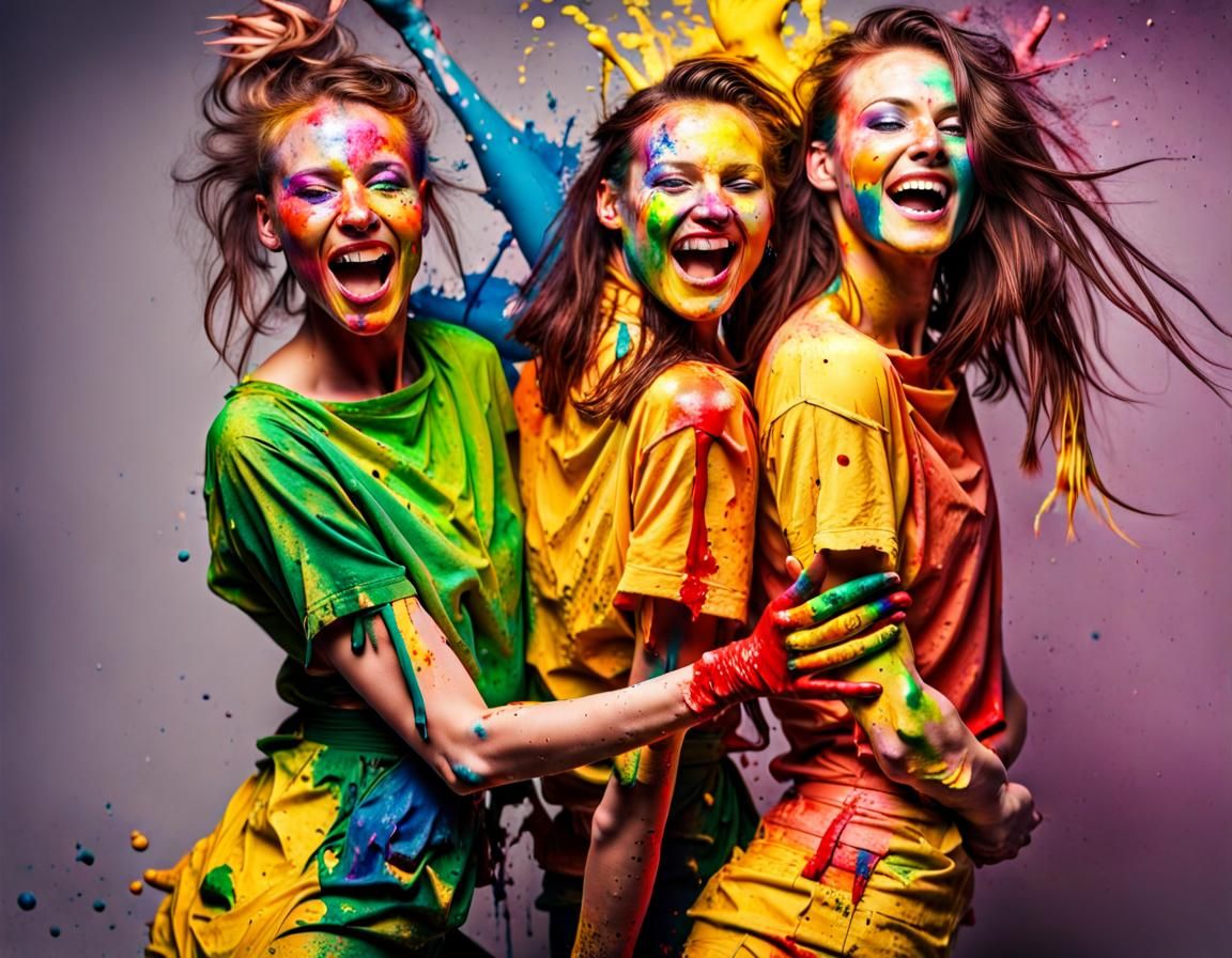 two attractive messy female glamour-models, paint-fight, rainbow colours, spills, stains ...